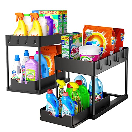 Under Sink Organizers and Storage, Bathroom Organizer, Cabinet Organizer, Kitchen Organization, 2 Tier Multi-purpose Organizers, Pull Out Sliding Drawer & Easy-Grip, 2 PCS