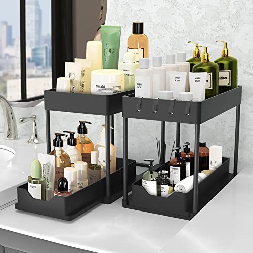 Under Sink Organizers and Storage, Bathroom Organizer, Cabinet Organizer, Kitchen Organization, 2 Tier Multi-purpose Organizers, Pull Out Sliding Drawer & Easy-Grip, 2 PCS