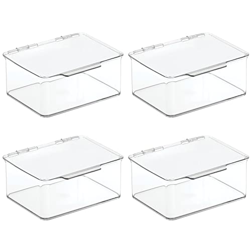 mDesign Plastic Kitchen Pantry and Fridge Storage Organizer Box Containers with Hinged Lid for Shelves or Cabinets, Holds Food, Snacks, Canned Drinks, Seasoning, Condiments, or Utensils, 4 Pack, Clear