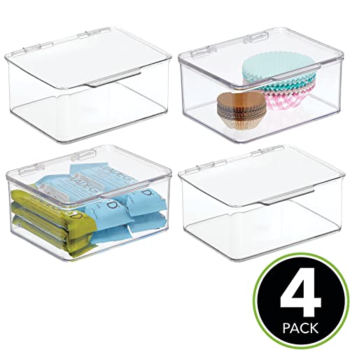 mDesign Plastic Kitchen Pantry and Fridge Storage Organizer Box Containers with Hinged Lid for Shelves or Cabinets, Holds Food, Snacks, Canned Drinks, Seasoning, Condiments, or Utensils, 4 Pack, Clear