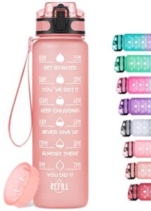 meitagie 32oz motivational water bottle with time marker & fruit strainer, leak-proof bpa free non-toxic 1l bottle with carrying strap, perfect for fitness, gym and outdoor sports (rose quartz)