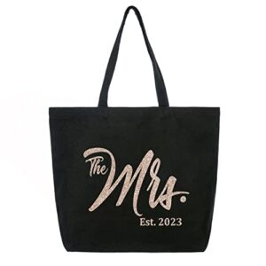 elegantpark future the mrs. est. 2023 personalized bride tote wedding bachelorette bridal shower gifts large shoulder bag black with champagne glitter