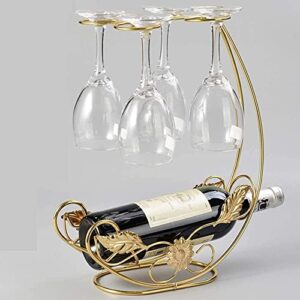 homya tabletop wine rack, metal fine forged wine glass holder, kitchen bar wine glass display holder, holds 1 wine bottle and 4 wine glasses, table wine bottle accessories, gold