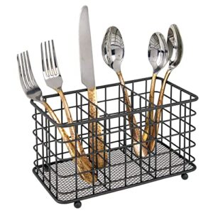 mdesign farmhouse modern metal wire cutlery and utensil storage organizer bin for kitchen, pantry, table and countertop – utensil caddy holds forks, knives, spoons, napkins – 3 sections – black