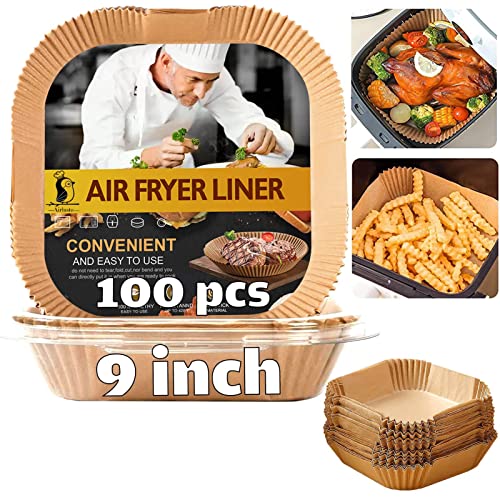 Air Fryer Disposable Paper Liner Square 9 Inch, 125 Pcs Large Square Air Fryer Paper Liners for 6-10QT Air fryer, Non-stick Parchment Paper for Frying, Baking, Cooking, Roasting and Microwave