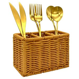 utensil caddy silverware flatware holder – 3 compartment fork knife cutlery organizer, woven wicker basket, party countertop buffet picnic camping table outdoor farmhouse utensil holder for parties (brown)