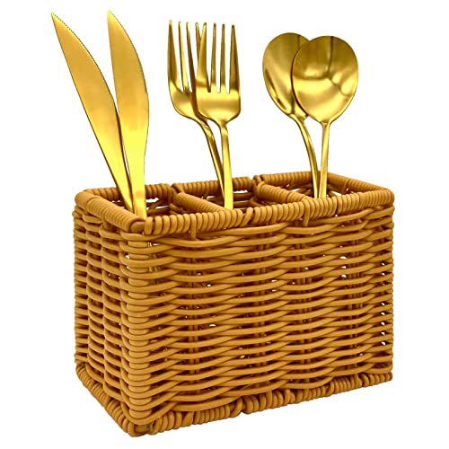 Utensil Caddy Silverware Flatware Holder - 3 Compartment Fork Knife Cutlery Organizer, Woven Wicker Basket, Party Countertop Buffet Picnic Camping Table Outdoor Farmhouse Utensil Holder for Parties (Brown)