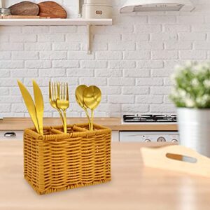 Utensil Caddy Silverware Flatware Holder - 3 Compartment Fork Knife Cutlery Organizer, Woven Wicker Basket, Party Countertop Buffet Picnic Camping Table Outdoor Farmhouse Utensil Holder for Parties (Brown)