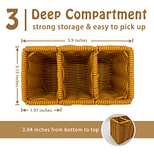 Utensil Caddy Silverware Flatware Holder - 3 Compartment Fork Knife Cutlery Organizer, Woven Wicker Basket, Party Countertop Buffet Picnic Camping Table Outdoor Farmhouse Utensil Holder for Parties (Brown)