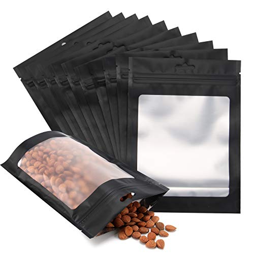 Green Nexus 100 Pack Smell Proof Odorless Bags- 5x7 Inch Resealable Mylar Bags with Clear Window Foil Pouch Bag Flat Ziplock and Hanging Hole Bag Matte Black