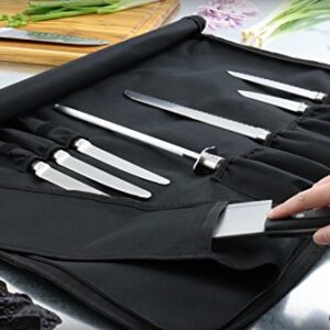 Chef’s Knife Roll Bag (14 slots) Holds 10 Knives PLUS Meat Cleaver, Utility Pocket, AND 4 Tasting Spoons! Our Durable Knife Carrier Includes Shoulder Strap and Name Card Holder. (Knives Not Included)