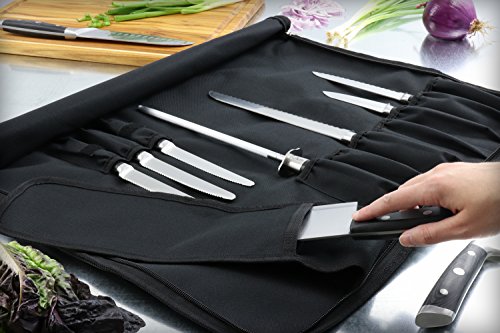 Chef’s Knife Roll Bag (14 slots) Holds 10 Knives PLUS Meat Cleaver, Utility Pocket, AND 4 Tasting Spoons! Our Durable Knife Carrier Includes Shoulder Strap and Name Card Holder. (Knives Not Included)