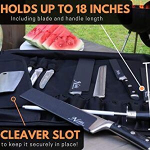 Chef’s Knife Roll Bag (14 slots) Holds 10 Knives PLUS Meat Cleaver, Utility Pocket, AND 4 Tasting Spoons! Our Durable Knife Carrier Includes Shoulder Strap and Name Card Holder. (Knives Not Included)