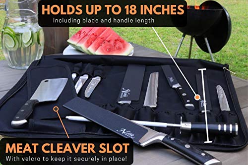 Chef’s Knife Roll Bag (14 slots) Holds 10 Knives PLUS Meat Cleaver, Utility Pocket, AND 4 Tasting Spoons! Our Durable Knife Carrier Includes Shoulder Strap and Name Card Holder. (Knives Not Included)