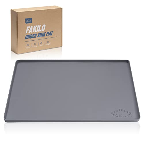 Under Sink Mat for Kitchen Waterproof, 34" x 22" Under The Sink Mat for 36'' Cabinet, FAKILO Upgraded 1 Inch Lip Flexible Thick Silicone Sink Mat Hold Up to 3.3 Gallons Liquid (Grey)