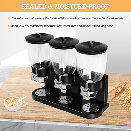 Hedday Triple Canister Cereal Dispenser, Plastic Dry Food Cereal Dispenser Container Machine Storage Bottles for Home and Kitchen(Black)