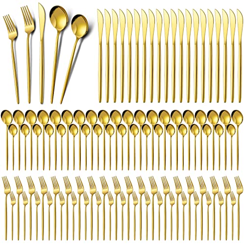 100 Pcs Gold Silverware Set Stainless Steel Flatware Service Set for 20, Kitchen Home Tableware Cutlery Utensils Spoon Fork Knives Black Gold Silverware Mirror Polished Dishwasher Safe (Gold)