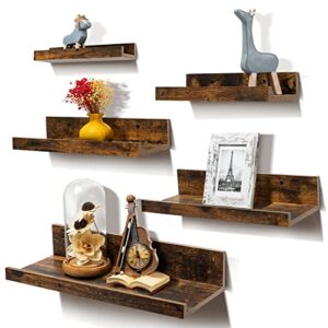 upsimples home floating shelves for wall décor storage, wall shelves set of 5, wall mounted wood shelves for bedroom, living room, bathroom, kitchen, small picture ledge farmhouse shelves, brown