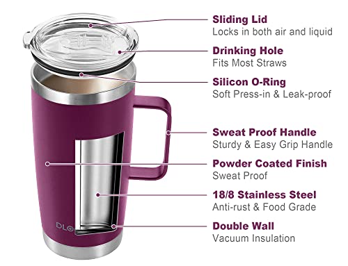 DLOCCOLD Insulated Coffee Mug with Handle Stainless Steel Travel Coffee Cup with Lid Spill Proof Reusable Thermos Coffee Cups for Men Women Car Cup holder Friendly (Purple, 20 oz)