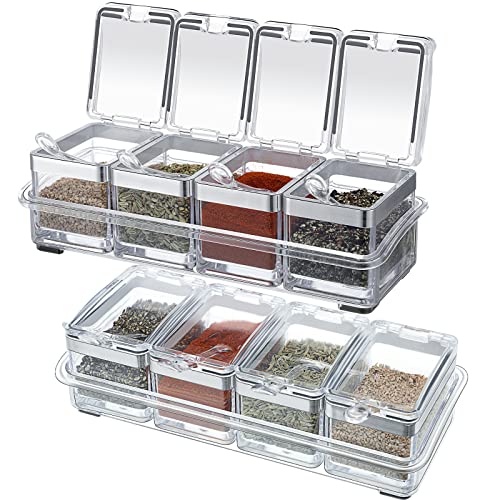 2 Set Acrylic Seasoning Organizer Box 8 Pcs Clear Seasoning Rack Spice Pots Condiments Containers with Lids and Spoons Storage Container Spice Jar for Spice Salt Sugar Cruet Kitchen Cooking Organizer