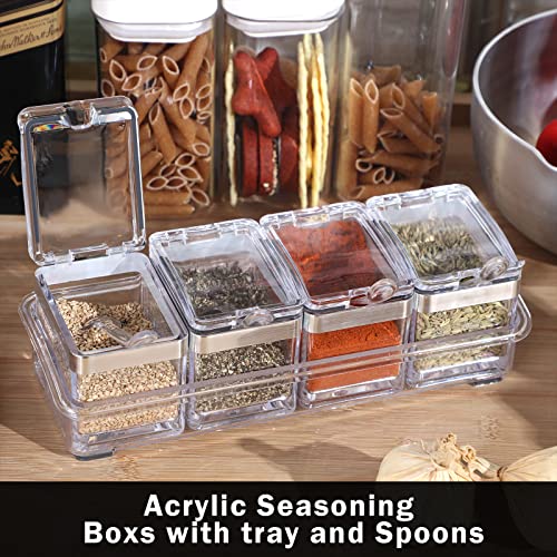 2 Set Acrylic Seasoning Organizer Box 8 Pcs Clear Seasoning Rack Spice Pots Condiments Containers with Lids and Spoons Storage Container Spice Jar for Spice Salt Sugar Cruet Kitchen Cooking Organizer