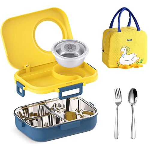 AVSAMOQ Steel Bento Lunch Box for Adults & Kids,1100 ML Stainless Steel Bento Boxes with Spoon Fork Knife,Insulated Lunch Bag, Microwave, Dishwasher Safe (Yellow duck)