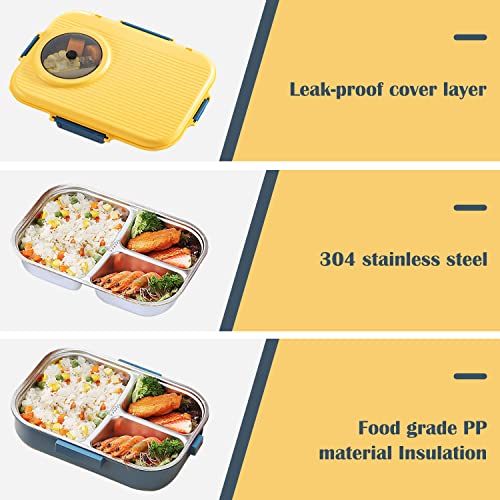 AVSAMOQ Steel Bento Lunch Box for Adults & Kids,1100 ML Stainless Steel Bento Boxes with Spoon Fork Knife,Insulated Lunch Bag, Microwave, Dishwasher Safe (Yellow duck)