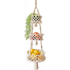 snuglife macrame 3 tier hanging basket – space saving hanging fruit basket for kitchen or decorative boho decor hanging plant holder – use for produce baskets, indoor planter hangers, 42 inches beige