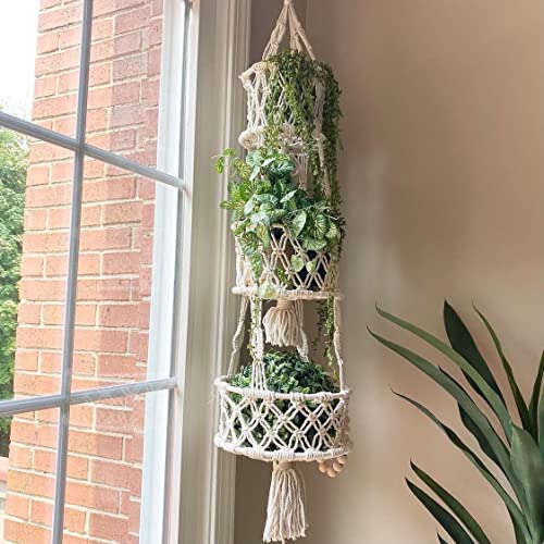 SnugLife Macrame 3 Tier Hanging Basket - Space Saving Hanging Fruit Basket for Kitchen or Decorative Boho Decor Hanging Plant Holder - Use for Produce Baskets, Indoor Planter Hangers, 42 Inches Beige