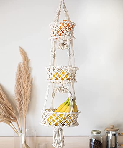 SnugLife Macrame 3 Tier Hanging Basket - Space Saving Hanging Fruit Basket for Kitchen or Decorative Boho Decor Hanging Plant Holder - Use for Produce Baskets, Indoor Planter Hangers, 42 Inches Beige