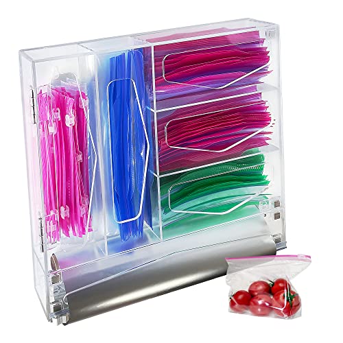 BALAGANA Drawer Organizer for Ziplock Bags and Foil - Acrylic Ziplock Bag Storage Organizer for Kitchen Drawer, 6 in 1 Clear Ziplock Bag Organizer for Drawer, Ziplock Bag Organizer with Wrap Dispenser