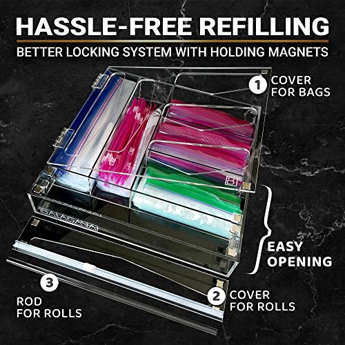 BALAGANA Drawer Organizer for Ziplock Bags and Foil - Acrylic Ziplock Bag Storage Organizer for Kitchen Drawer, 6 in 1 Clear Ziplock Bag Organizer for Drawer, Ziplock Bag Organizer with Wrap Dispenser