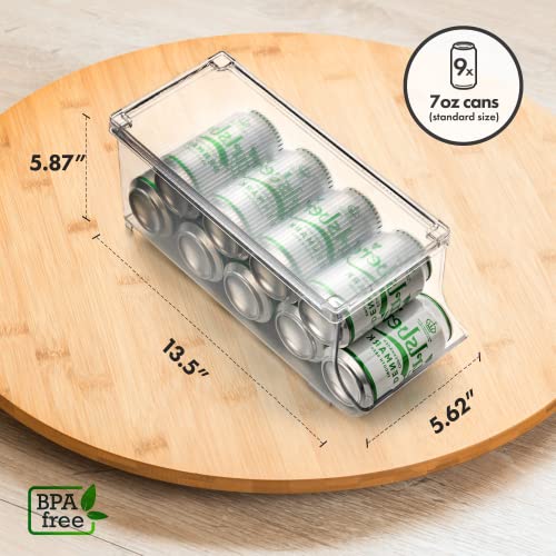 JINAMART Set of 2 Stackable Soda Can Organizer for Refrigerator with Lids, Can Holders for Pantry - Holds 9 Cans Each, BPA Free Can Organizer for Pantry, Fridge, Freezer, Countertops and Cabinets