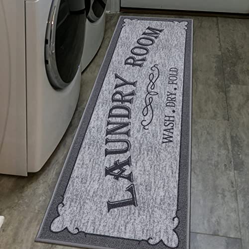 Ottomanson Laundry Collection Non-Slip Rubberback Laundry Text Design 2x5 Laundry Room Runner Rug, 20" x 59", Light Gray