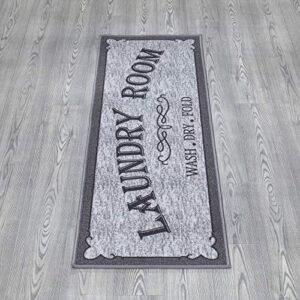 Ottomanson Laundry Collection Non-Slip Rubberback Laundry Text Design 2x5 Laundry Room Runner Rug, 20" x 59", Light Gray