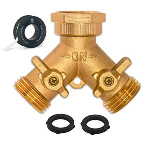 morvat heavy duty brass 2 way y splitter garden hose hexagonal connector with comfortable grip shut off valves, adapter for water tap, outlet, & spigot, includes 2 extra rubber washers & teflon tape