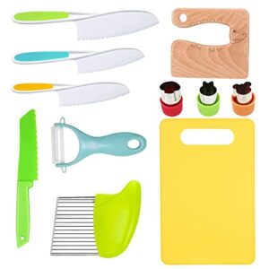 risiculis 11 pieces wooden kids kitchen knife, kids knife set include wood kids safe knife, serrated edges plastic toddler knife, crinkle cutter, sandwich cutter, y peeler, cutting board (crocodile)