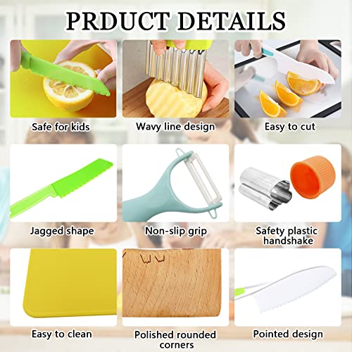 RISICULIS 11 Pieces Wooden Kids Kitchen Knife, Kids Knife Set Include Wood Kids Safe Knife, Serrated Edges Plastic Toddler Knife, Crinkle Cutter, Sandwich Cutter, Y Peeler, Cutting Board (Crocodile)