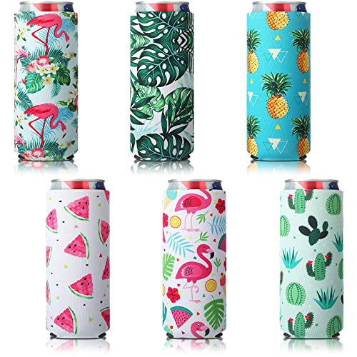 Slim Can Sleeves, Reusable Neoprene Bottle Insulator Sleeve, 12 oz Beverage Can Coolers for Energy Drink and Beer Cans, 6 Pieces (Hawaii Style)