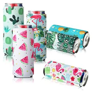 Slim Can Sleeves, Reusable Neoprene Bottle Insulator Sleeve, 12 oz Beverage Can Coolers for Energy Drink and Beer Cans, 6 Pieces (Hawaii Style)