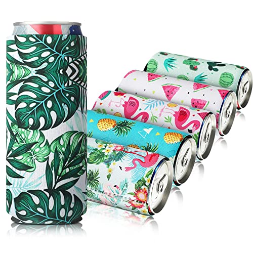 Slim Can Sleeves, Reusable Neoprene Bottle Insulator Sleeve, 12 oz Beverage Can Coolers for Energy Drink and Beer Cans, 6 Pieces (Hawaii Style)