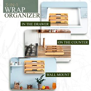 Golden Ears Essentials Foil and Plastic Wrap Organizer 3 in 1 Bamboo Wrap and Aluminum Foil Dispenser for Wraps and Aluminum Foil Organization and Storage, Magnetic Sliding Doors, Engraved Labels