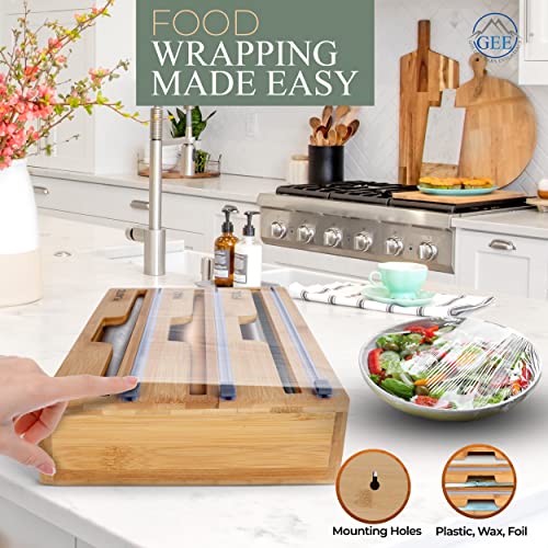 Golden Ears Essentials Foil and Plastic Wrap Organizer 3 in 1 Bamboo Wrap and Aluminum Foil Dispenser for Wraps and Aluminum Foil Organization and Storage, Magnetic Sliding Doors, Engraved Labels