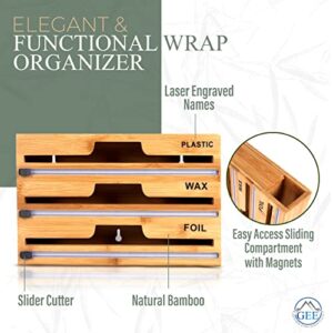 Golden Ears Essentials Foil and Plastic Wrap Organizer 3 in 1 Bamboo Wrap and Aluminum Foil Dispenser for Wraps and Aluminum Foil Organization and Storage, Magnetic Sliding Doors, Engraved Labels