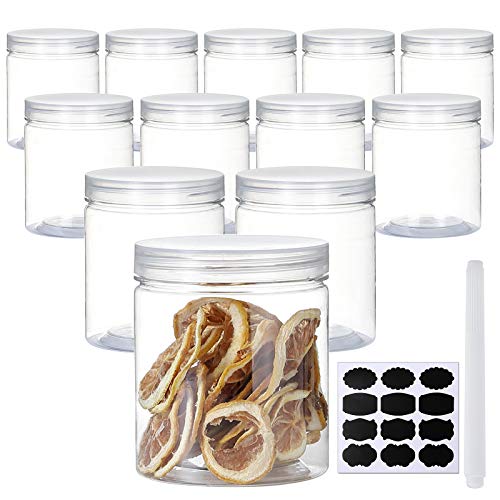 Yephets 16 OZ Plastic Jars with Lids, 12 Pack Clear Plastic Slime Containers for Kitchen and Household Food Storage of Dry Goods, Creams and More,Included Extra Label and A Pen