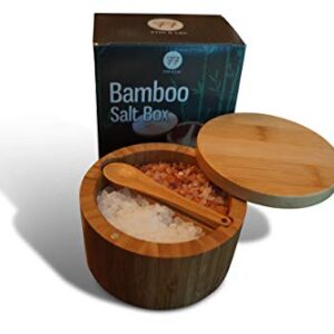 Bamboo Salt and Pepper Box with Magnetic Swivel Lid and Built-in Serving Spoon For Kitchen | Decorative Bath Salt Containers | Wooden Salt Box has Dual 5 Ounce Capacity | Salt Cellar for Counter