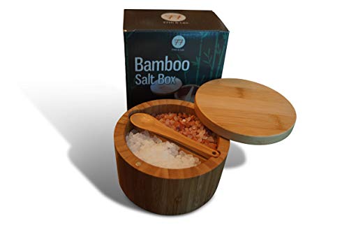 Bamboo Salt and Pepper Box with Magnetic Swivel Lid and Built-in Serving Spoon For Kitchen | Decorative Bath Salt Containers | Wooden Salt Box has Dual 5 Ounce Capacity | Salt Cellar for Counter