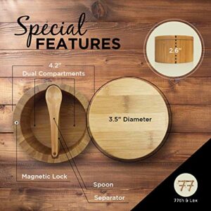 Bamboo Salt and Pepper Box with Magnetic Swivel Lid and Built-in Serving Spoon For Kitchen | Decorative Bath Salt Containers | Wooden Salt Box has Dual 5 Ounce Capacity | Salt Cellar for Counter