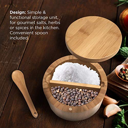 Bamboo Salt and Pepper Box with Magnetic Swivel Lid and Built-in Serving Spoon For Kitchen | Decorative Bath Salt Containers | Wooden Salt Box has Dual 5 Ounce Capacity | Salt Cellar for Counter