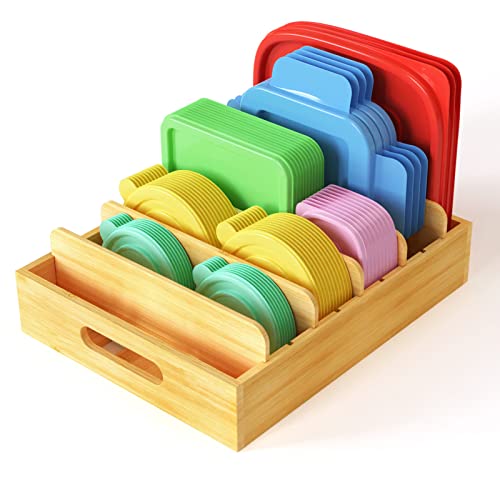 DUJEN Bamboo Food Container Lid Organizer, Kitchen Cabinet Organizer with Adjustable Dividers for Plastic Lids and Covers Storage, Kitchen Pantry Organizer for Multipurpose Lid Holder